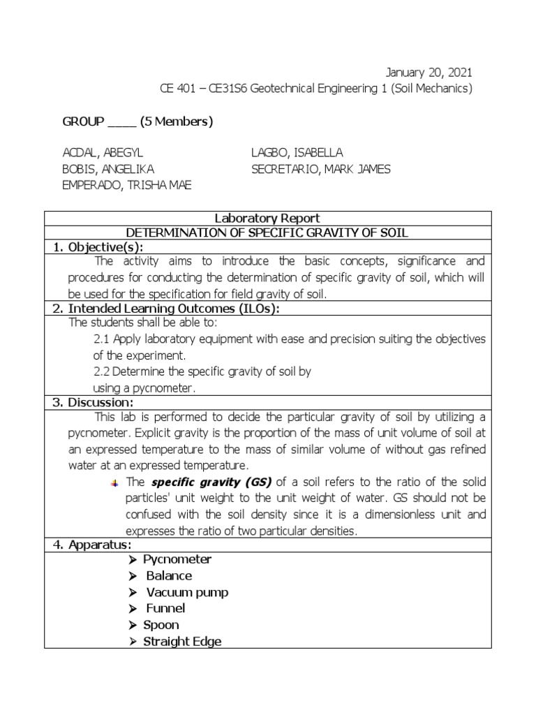 GROUP - (5 Members) : Specific Gravity (GS) | PDF | Density | Soil