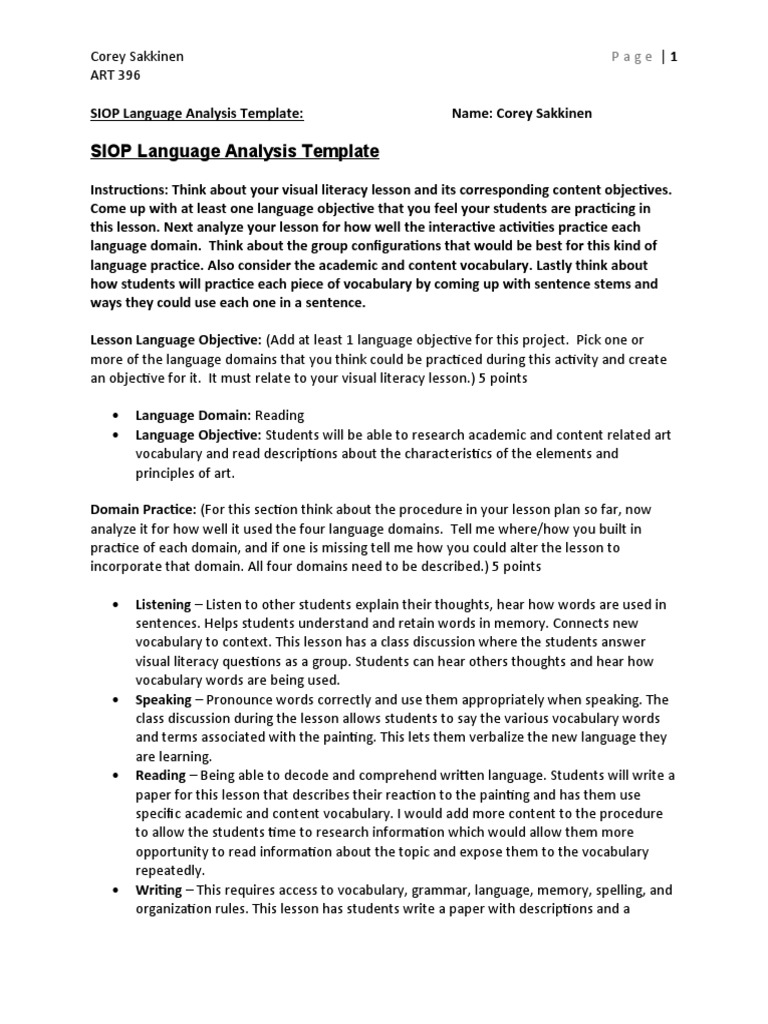 Siop Language Analysis Template | PDF | Vocabulary | Word