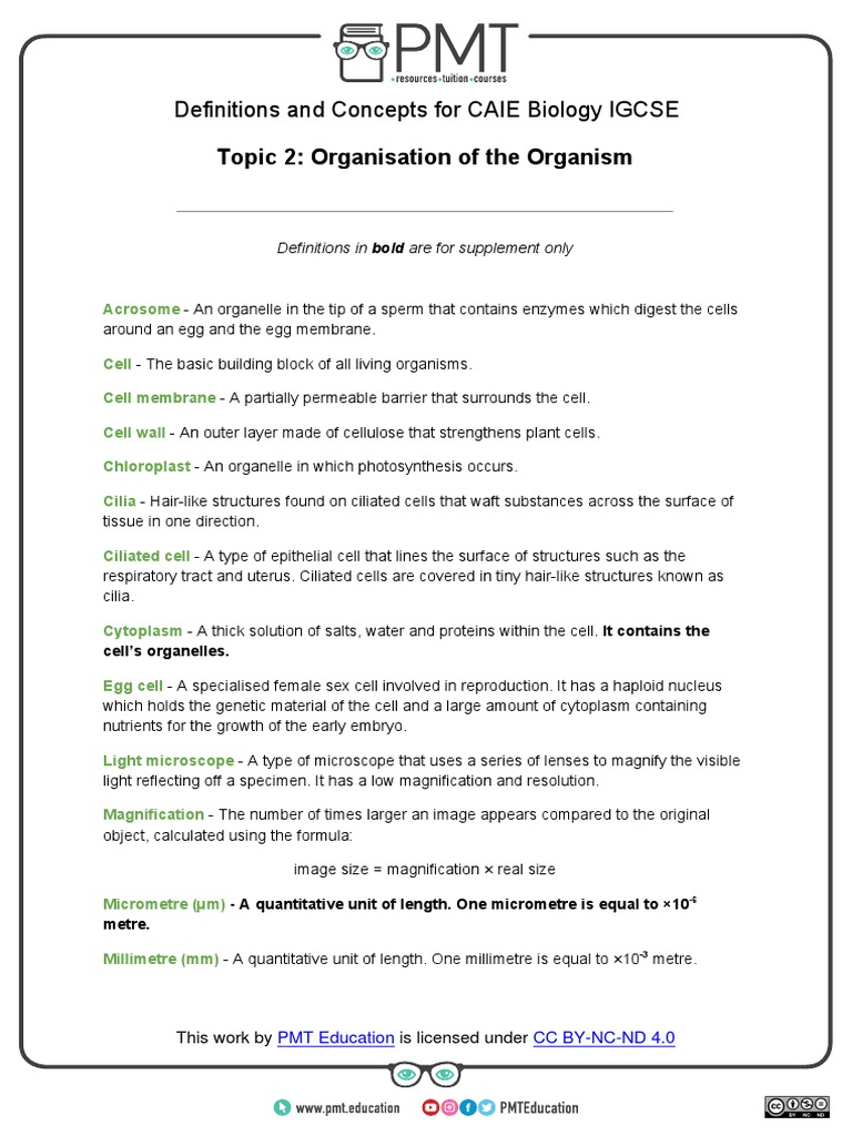 2 - Cells Definitions PMT | PDF | Tissue (Biology) | Organelle