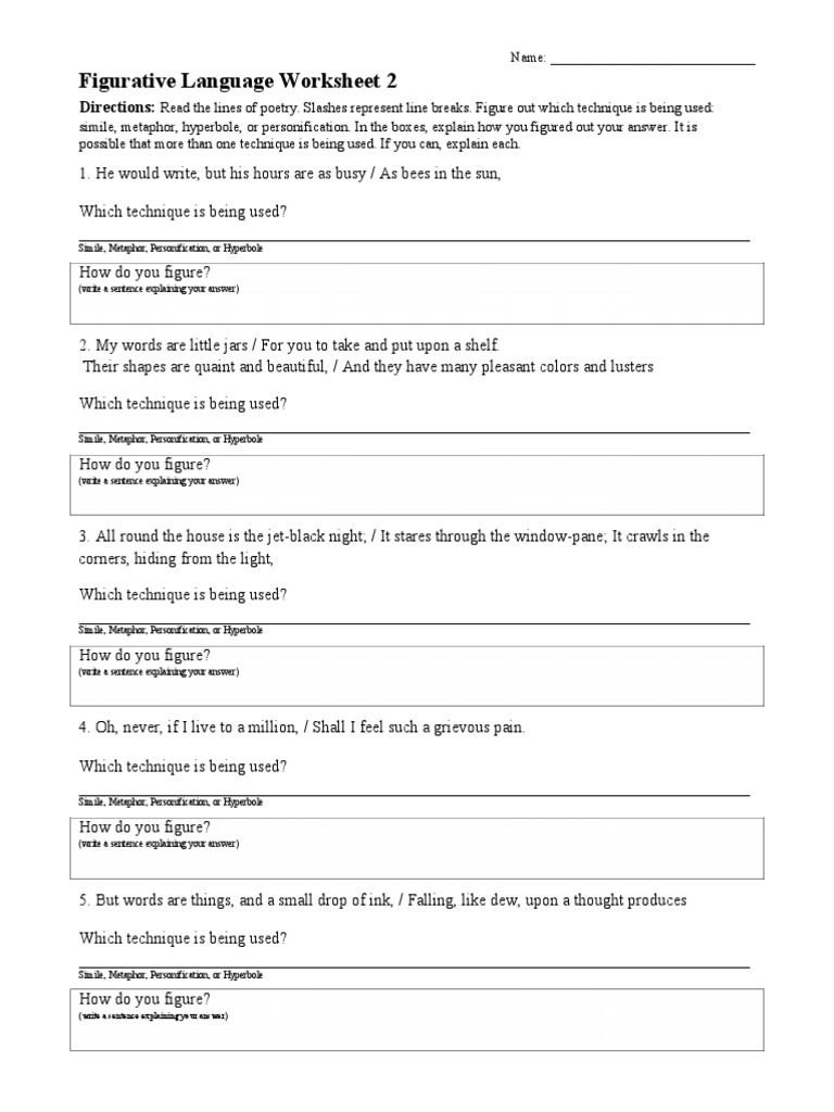 Figurative Language Analysis Worksheet | PDF | Metaphor | Poetic Devices
