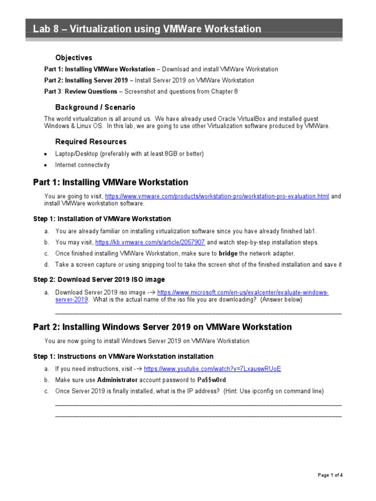 Lab 8 - Virtualization Using VMWare Workstation | PDF | Virtualization ...