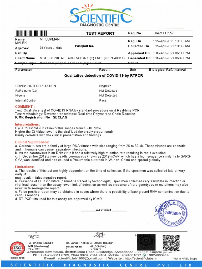 Test Report: Qualitative Detection of COVID-19 by RTPCR | PDF | Reverse ...