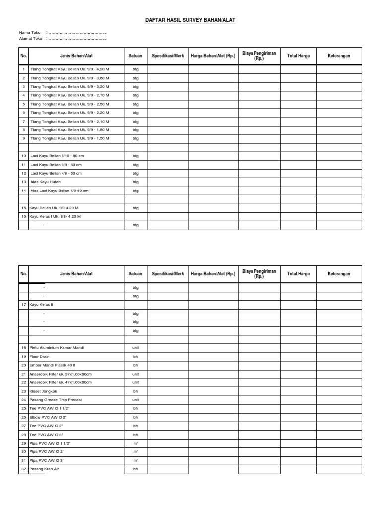 Form Survey Harga Bahan-Alat | PDF