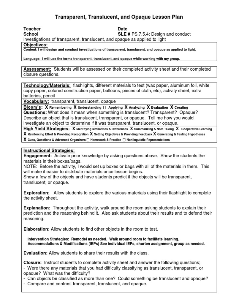 Transparent, Translucent, Opaque Lesson | PDF | Individualized ...