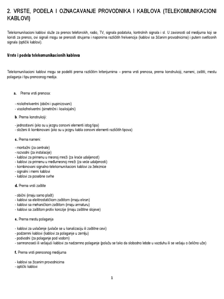 Vrste Podela I Oznacavanje Provodnika I Kablova Telekomunikacioni ...