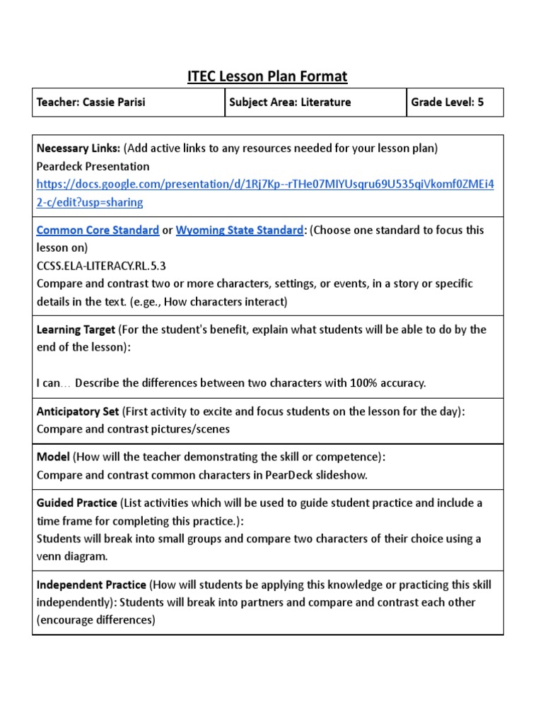 ITEC Lesson Plan Format: 2-C/edit?usp Sharing | PDF