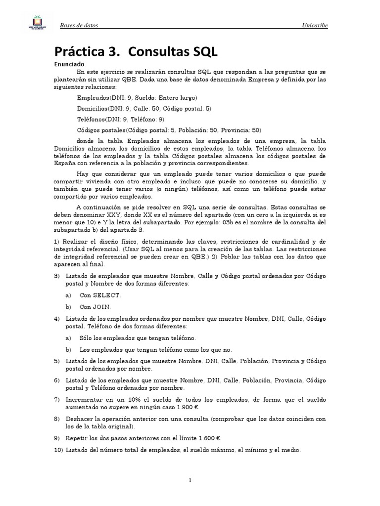 Práctica. De. SQL | PDF | SQL | Bases de datos