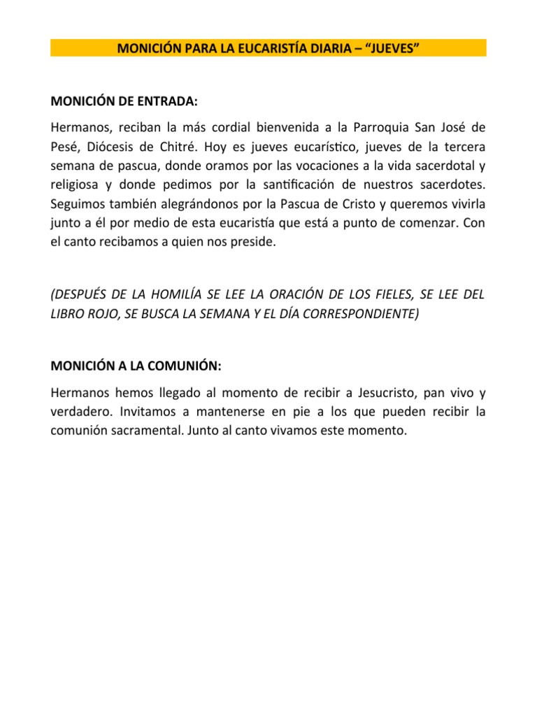 Moniciones y Avisos Jueves | PDF | eucaristía | Misa (liturgia)
