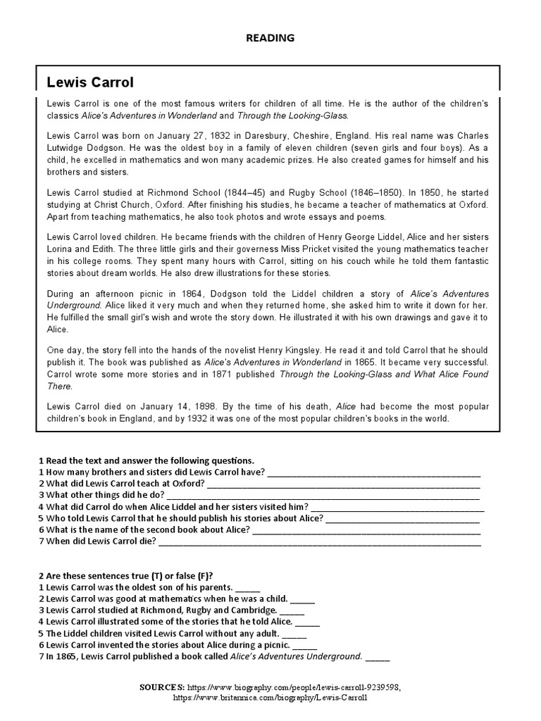 Lewis Carrol Reading Reading Comprehension Exercises - 99814 | PDF ...