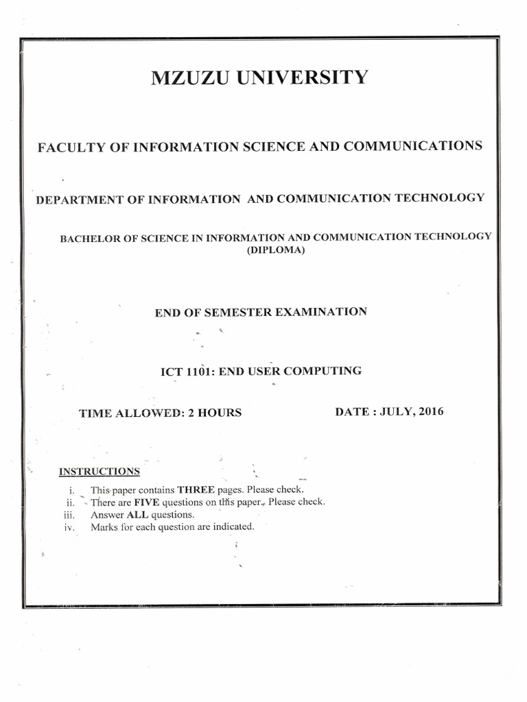 ICT 1101 End User Computing End of Semester Examination July 2016 | PDF