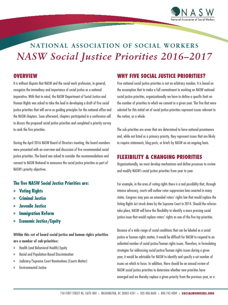 NASW Social Justice Priorities 2016-2017 | PDF | Social Justice ...