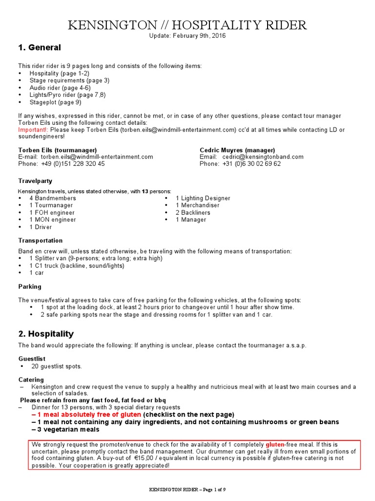 Kensington // Hospitality Rider: 1. General | PDF | Wheat | Flour