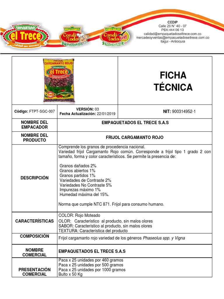 FT Frijol El Trece | PDF | Alimentos | Transporte