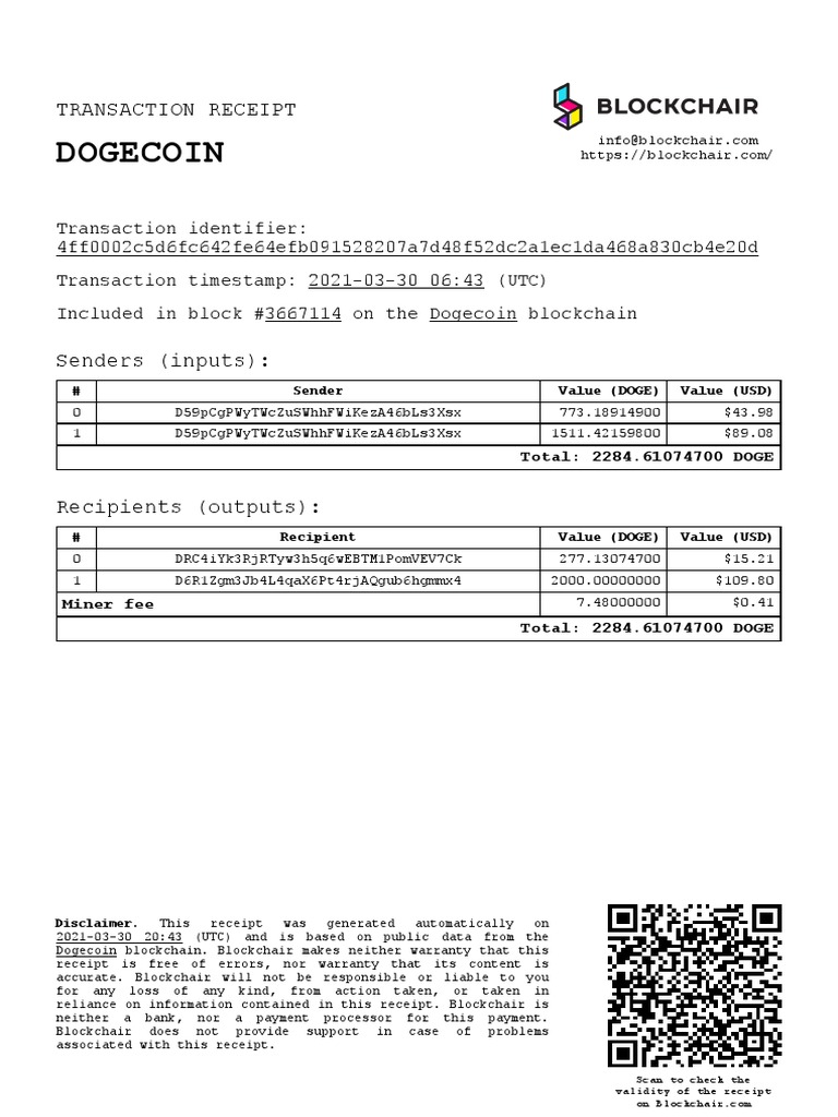 Dogecoin Transaction Receipt Details | PDF