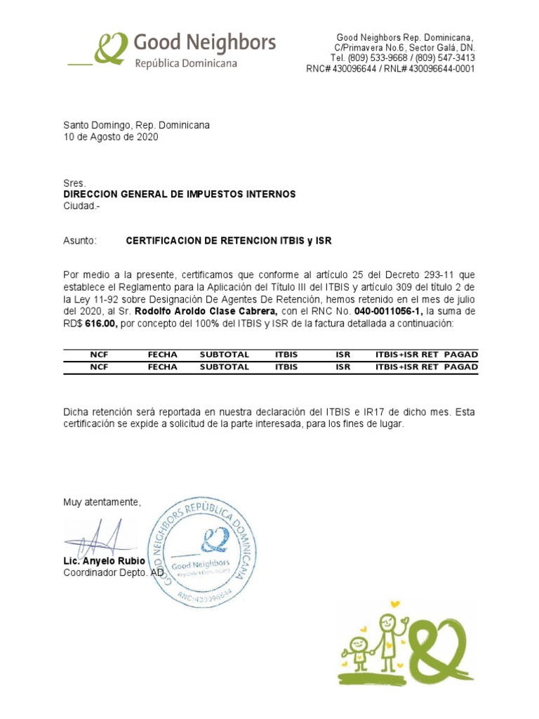 Carta - Retencion - DGII - Rodolfo Aroldo Clase Cabrera | PDF