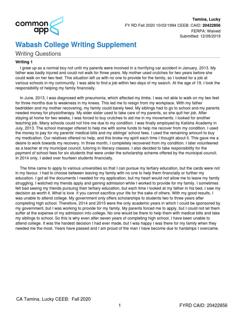 Wabash College Writing Supplement | PDF | University And College ...