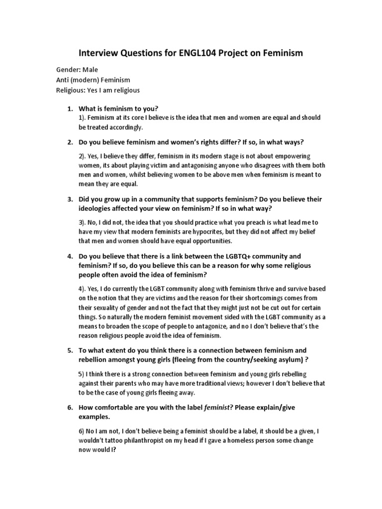 Interview Questions For Engl104 Project On Feminism | PDF | Feminism ...