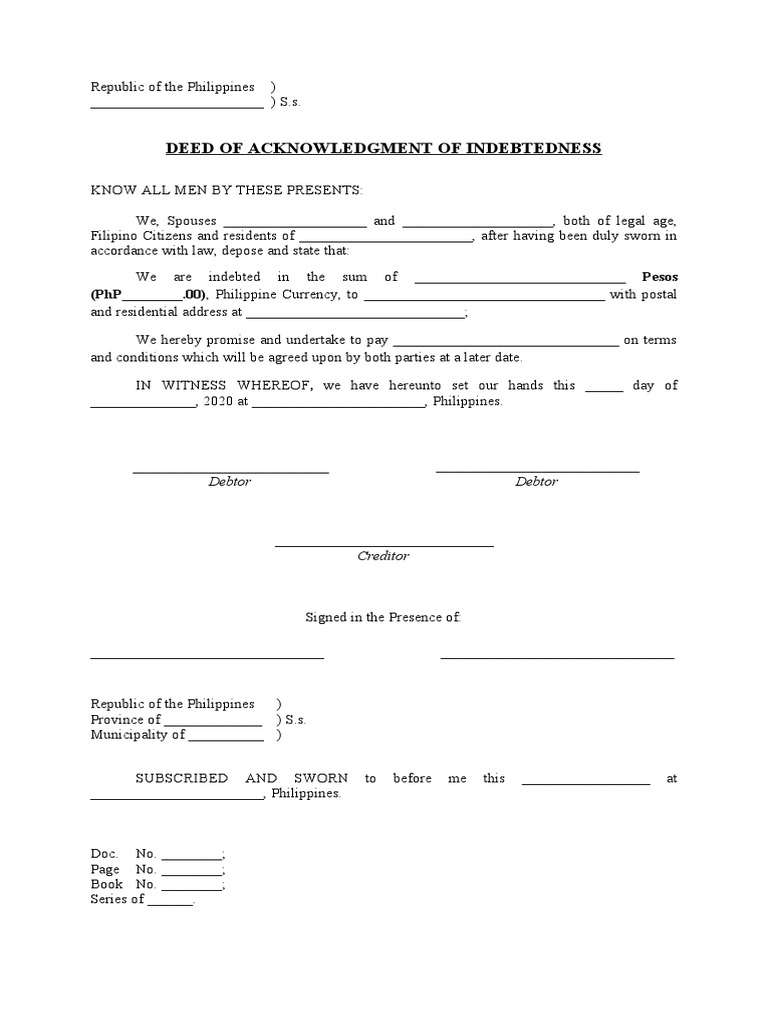 Deed of Acknowledgment of Indebtedness | PDF | Finance & Money ...