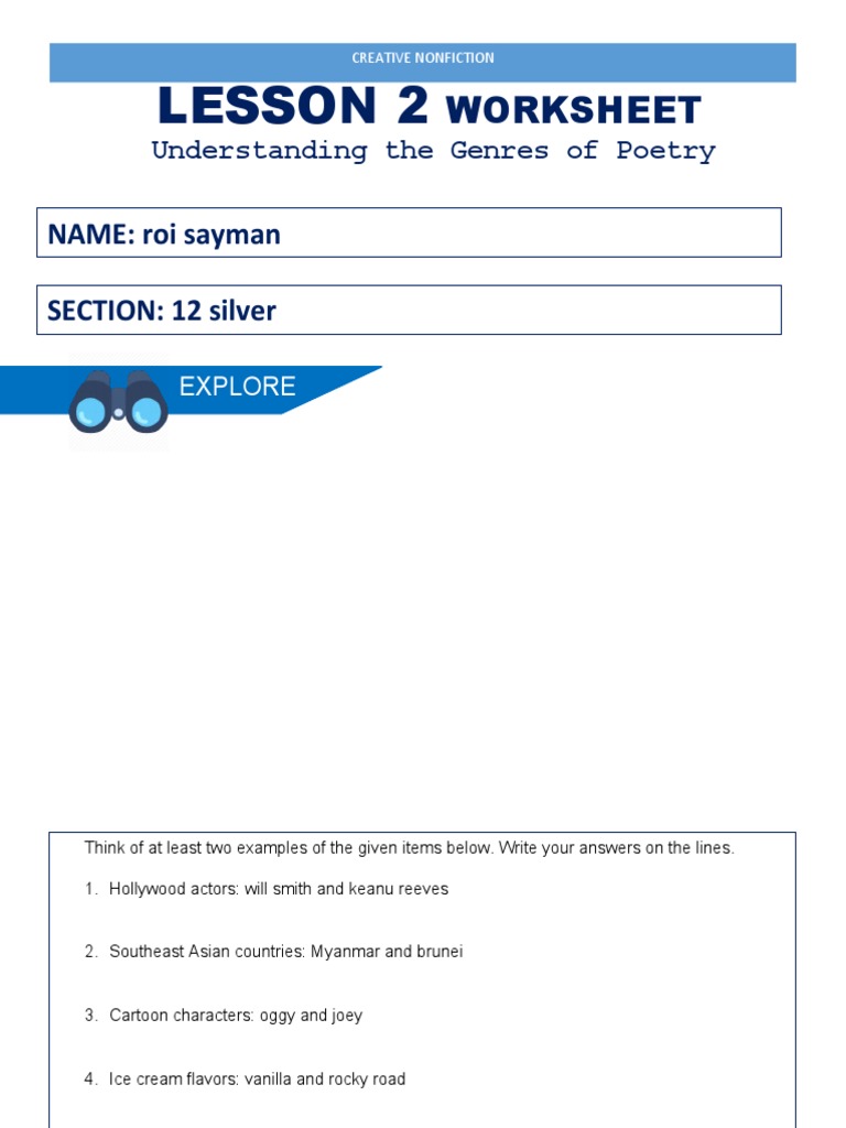 Lesson 2: Worksheet | PDF | Poetry | Writing