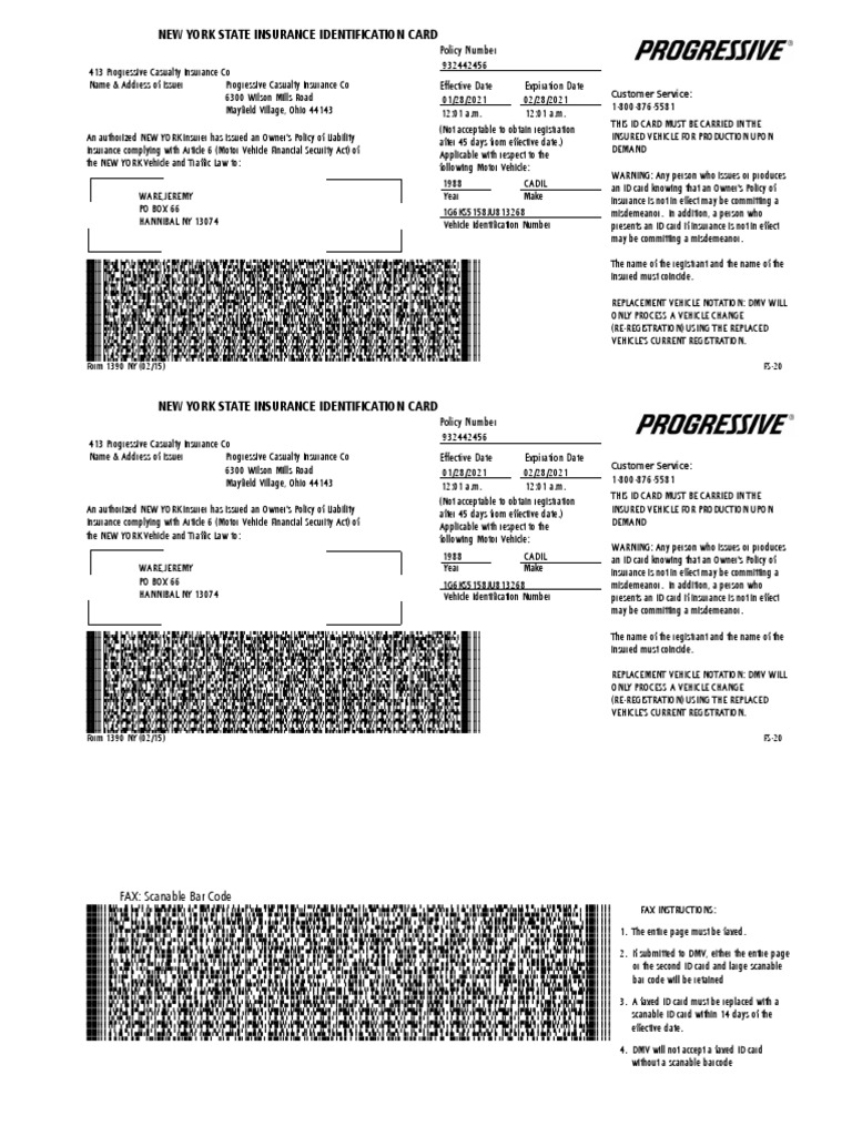 New York State Insurance Identification Card: FS-20 Form 1390 NY (02/15 ...