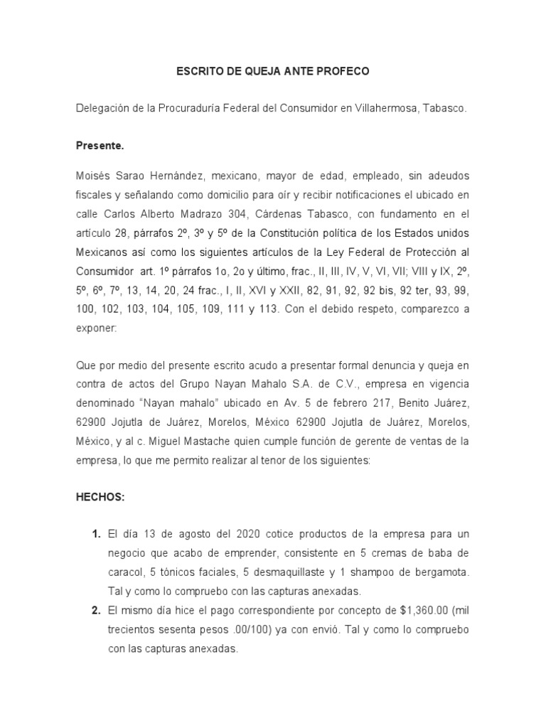 Escrito de Queja Ante Profeco | PDF | Gobierno | Business