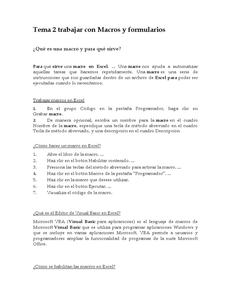 Tema 4 Trabajar Con Macros y Formularios | PDF | Macro (informática) | Visual Basic para ...