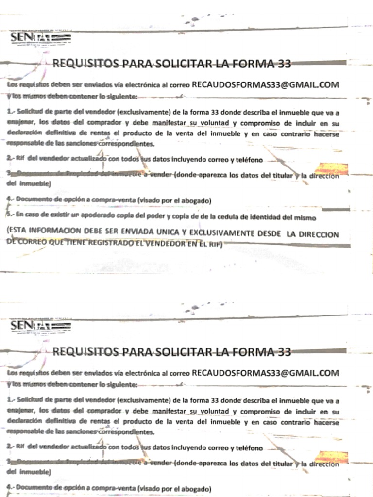 SENIAT Requisitos para Solicitar Forma 33 | PDF