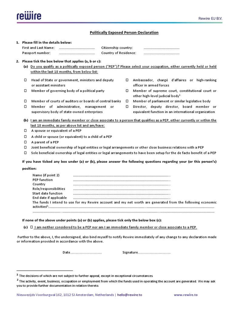 PEP Declaration Form for Rewire Account | PDF | Government ...