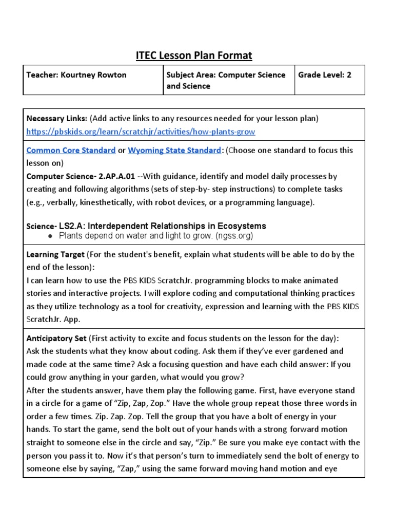 ITEC Lesson Plan Format: Common Core Standard Wyoming State Standard ...