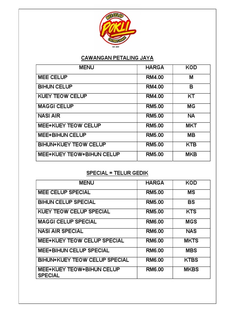 Menu Pokli Mee Celup Cawangan PJ 2020 | PDF | Lincoln Motor Company