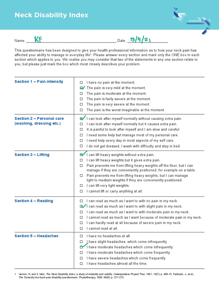 Neck Disability Index Ndi Editable 1 | PDF | Pain | Psychology