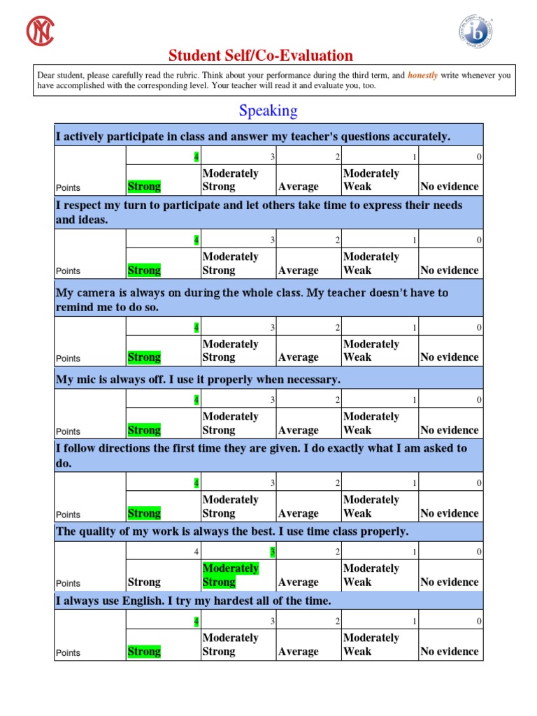 Student Self-Evaluation Rubric Guide | PDF | Rubric (Academic) | Human ...