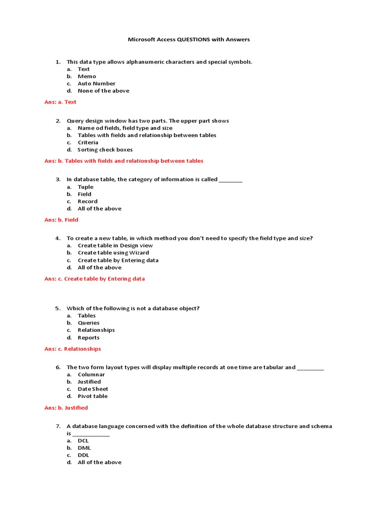 Microsoft Access QUESTIONS With Answers | PDF | Databases | Table ...