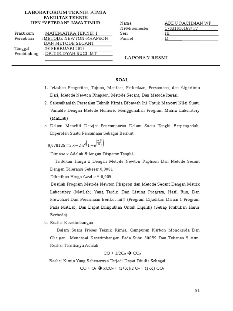 Laporan Metode Numerik Teknik Kimia | PDF | Metode & Bahan Ajar