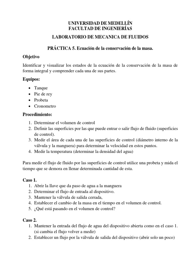 Conservación de Masa en Fluidos: Práctica | PDF | Válvula | Masa
