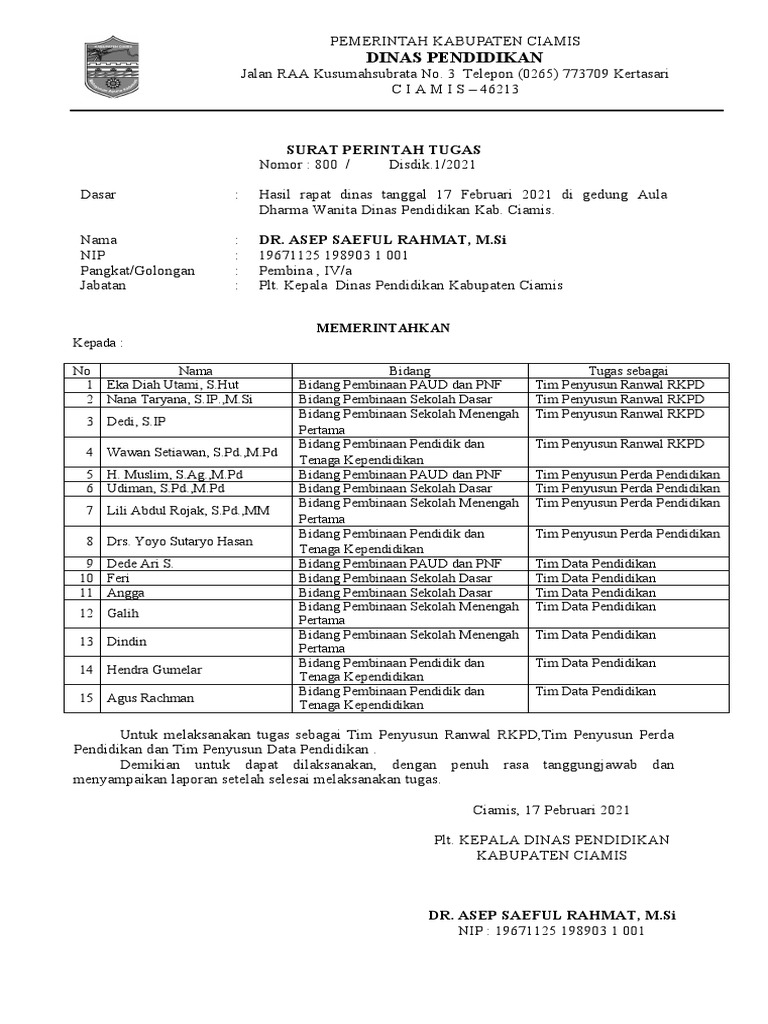 Surat Perintah Tugas Dinas Pendidikan | PDF