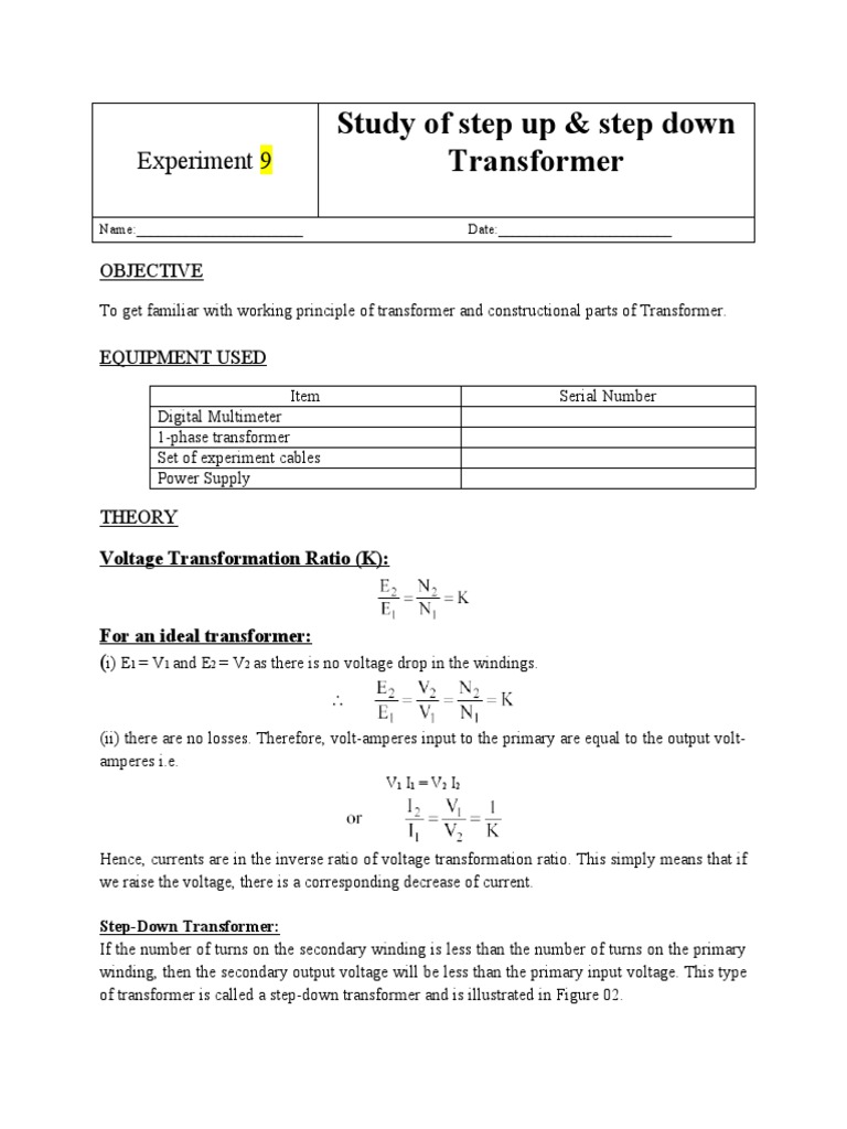Study of Step Up & Step Down Transformer: Experiment 9 | PDF ...