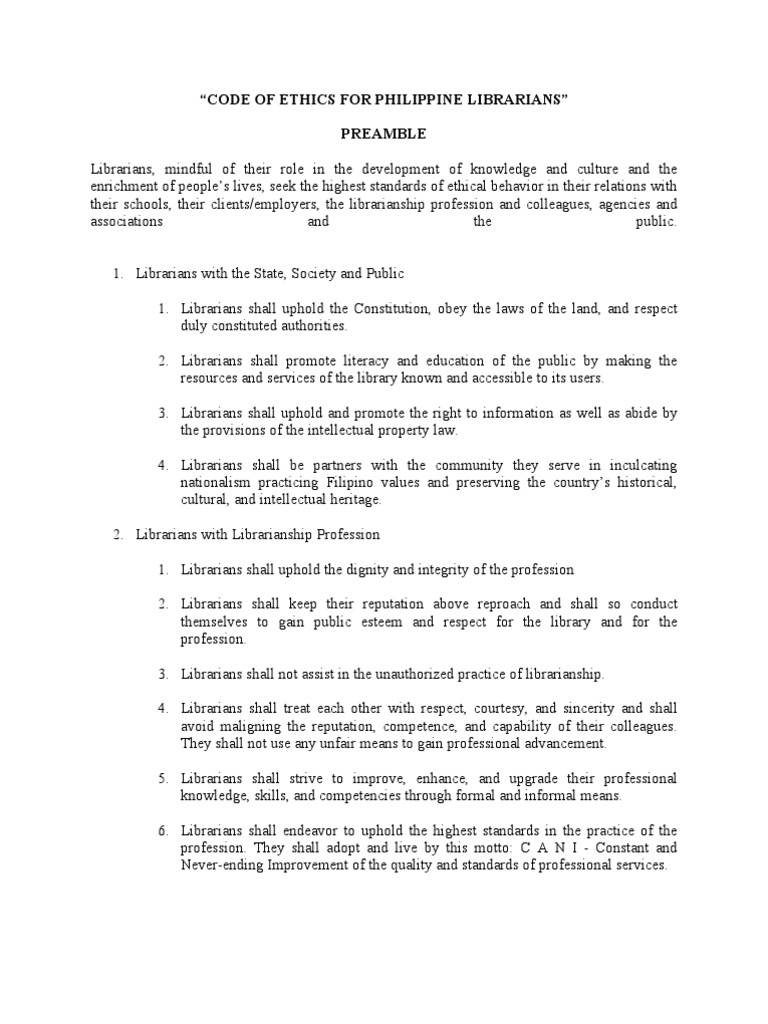 Code of Ethics for Philippine Librarians | PDF | Librarian | Profession
