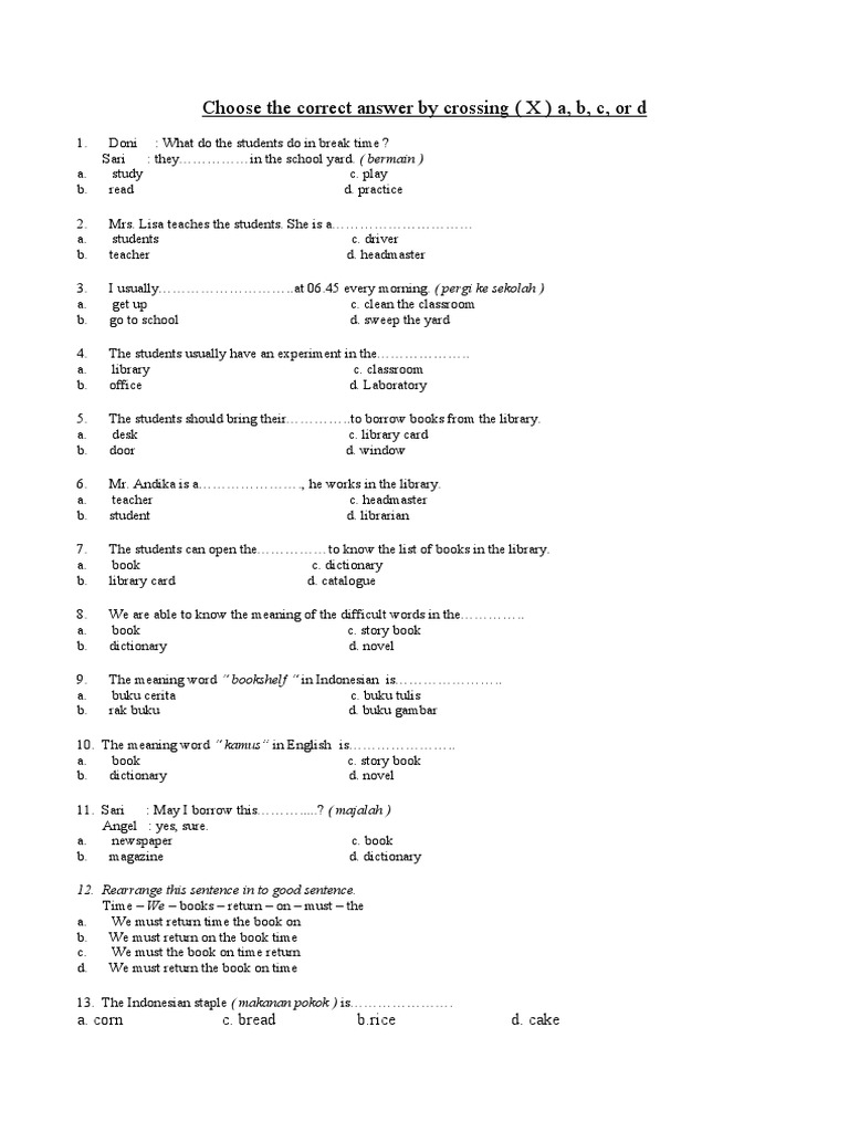 Choose The Correct Answer by Crossing (X) A, B, C, or D | Download Free ...