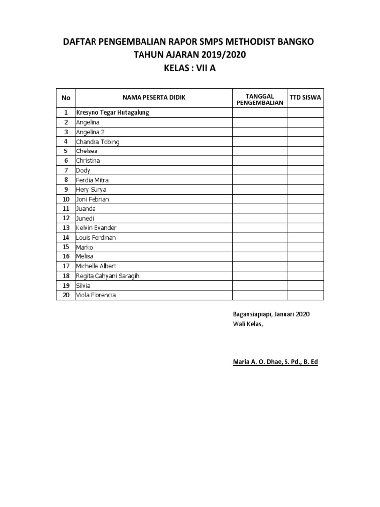 Daftar Pengembalian Rapor Kelas VII A | PDF