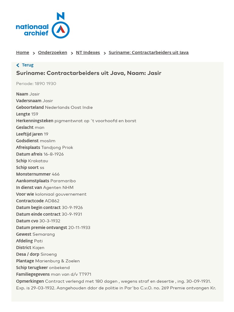 Suriname - Contractarbeiders Uit Java, Naam - Jasir - Nationaal Archief ...