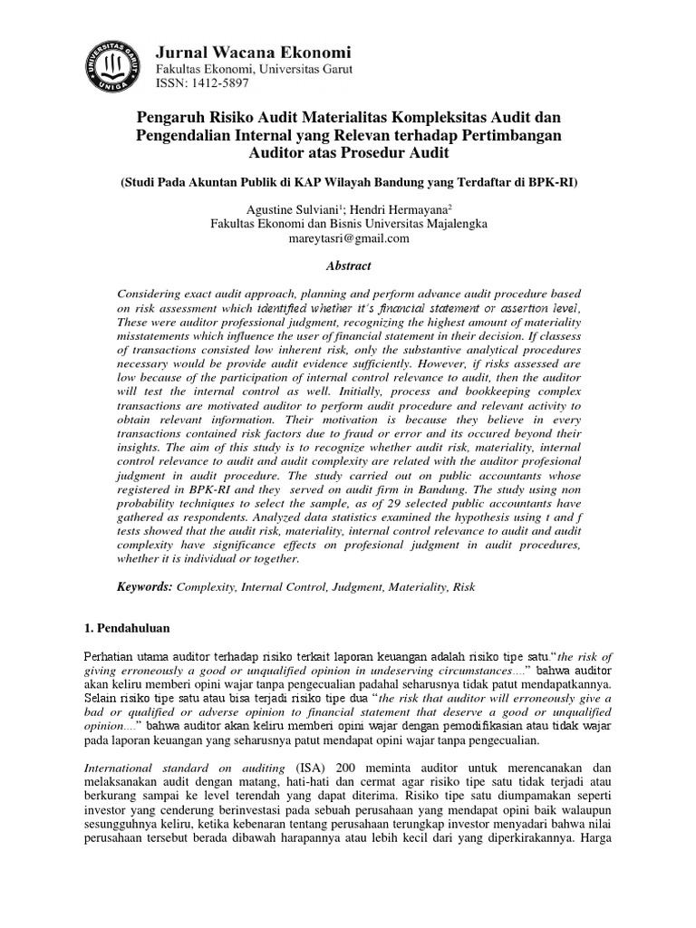 Pengaruh Risiko Audit Materialitas Kompleksitas Audit Dan Pengendalian Internal Yang Relevan ...