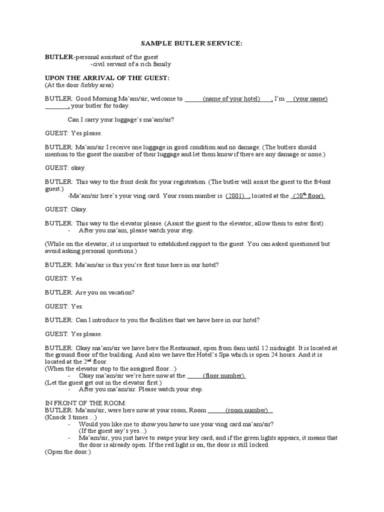 Sample Butler Service:: BUTLER-personal Assistant of The Guest ...
