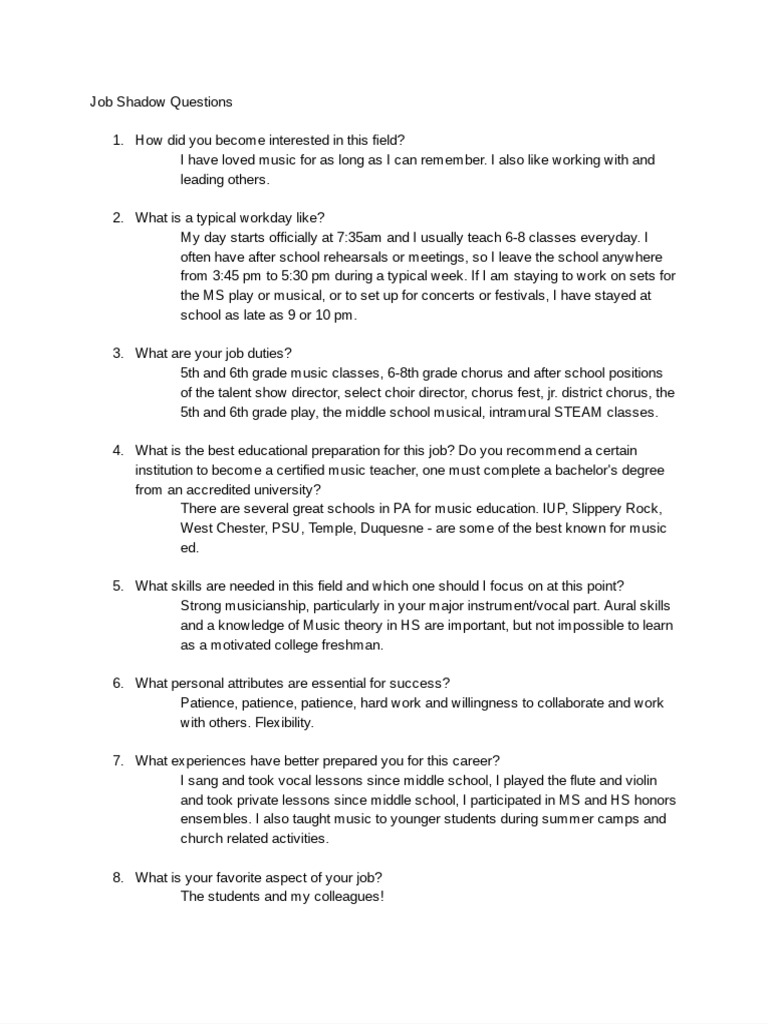 Junior Job Shadow Questions 2019-2020 | PDF | Teachers | Human Nature
