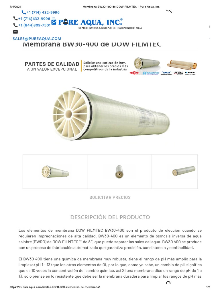 Membrana BW30-400 de DOW FILMTEC - Pure Aqua, Inc | PDF | Ósmosis | sal