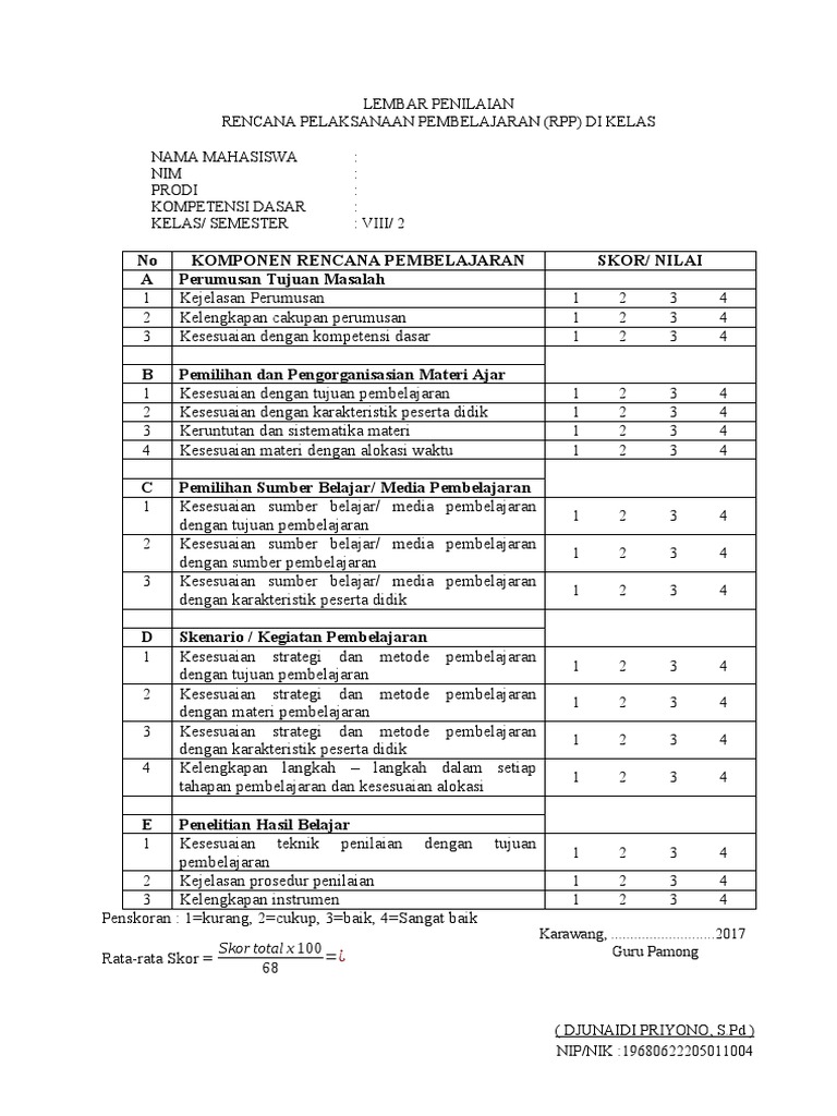 Penilaian RPP untuk Mahasiswa | PDF