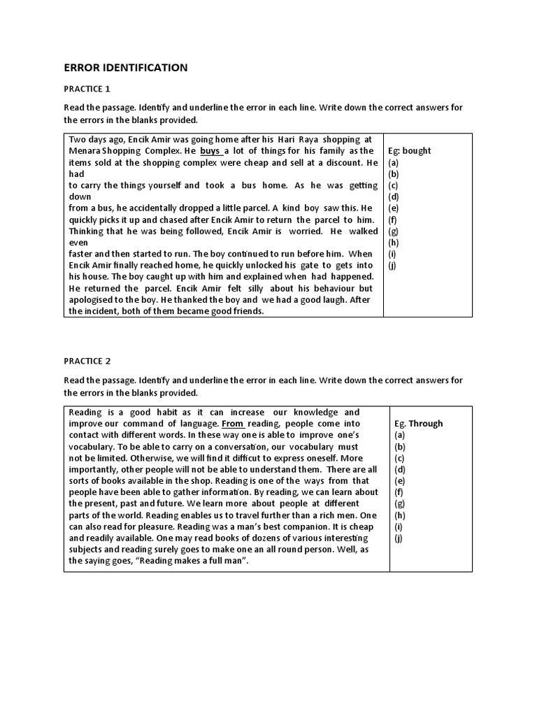 Error Identification Practice Exercises | PDF | Teachers | Vocabulary