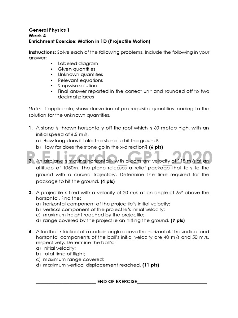 Enrichment Checking Exercise (Projectile Motion) | PDF