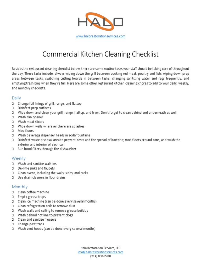 Commercial Kitchen Cleaning Checklist: Daily | PDF
