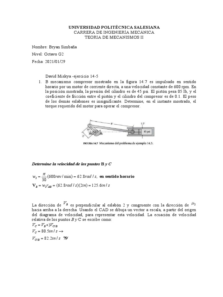 Deber Ejercicio 3-14 Teoria de Mecanismo Bryan Simbaña | PDF ...